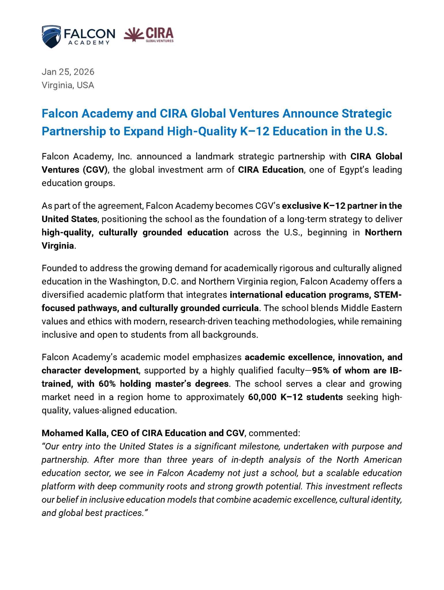 Falcon Academy Partners With CIRA Global Ventures – Falcon Academy