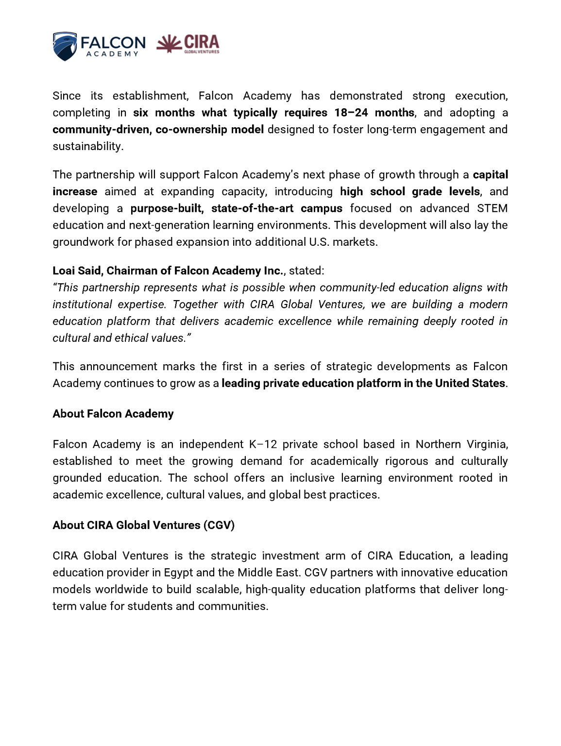 Falcon Academy Partners With CIRA Global Ventures – Falcon Academy